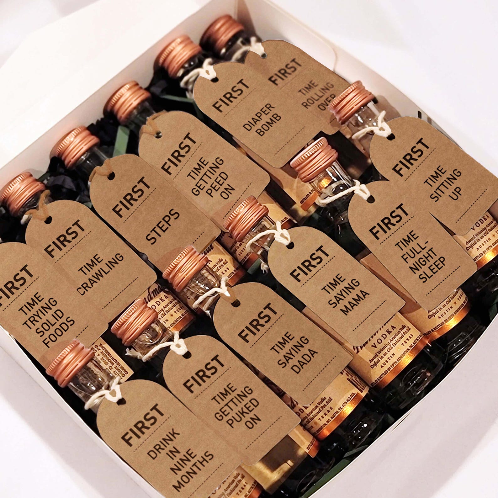 12pc Baby's First Milestones Mini Liquor Bottle Kraft Gift Tags - New ...