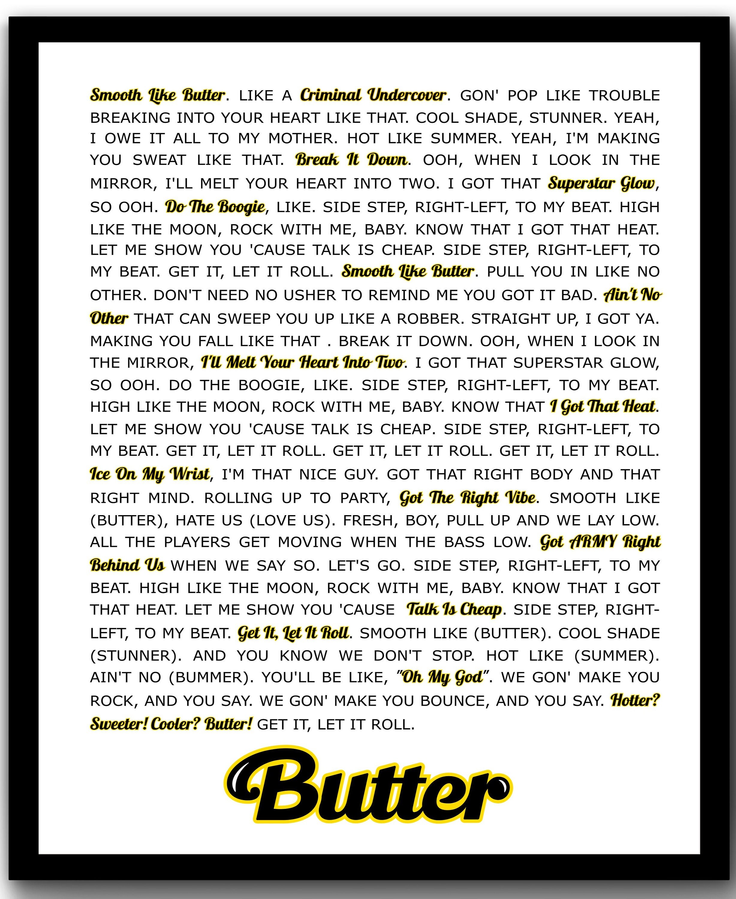 BTS Butter Lyrics Wall Art Printable Wall Art Digital Download KPOP - Etsy