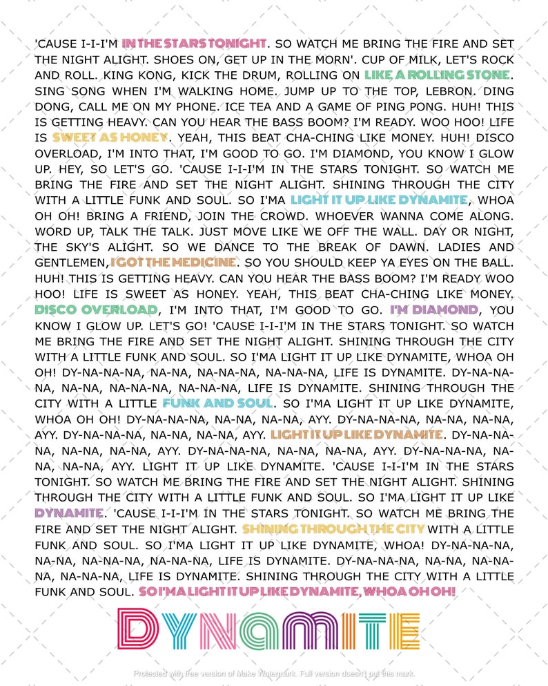 BTS Dynamite Lyrics Wall Art Printable Wall Art Digital Download KPOP ...