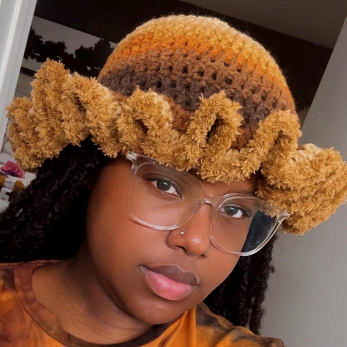 Crochet Ruffle Hat With Fur Brimcrochet Ruffled Hat Ruffle Hat Brown ...