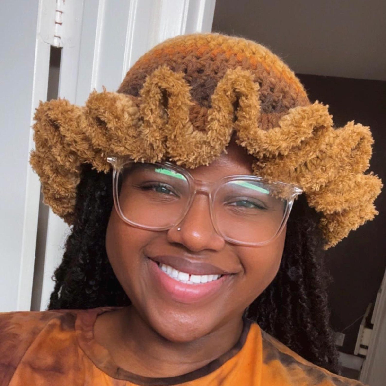 Crochet Ruffle Hat With Fur Brim|crochet Ruffled Hat| Ruffle Hat| Brown ...