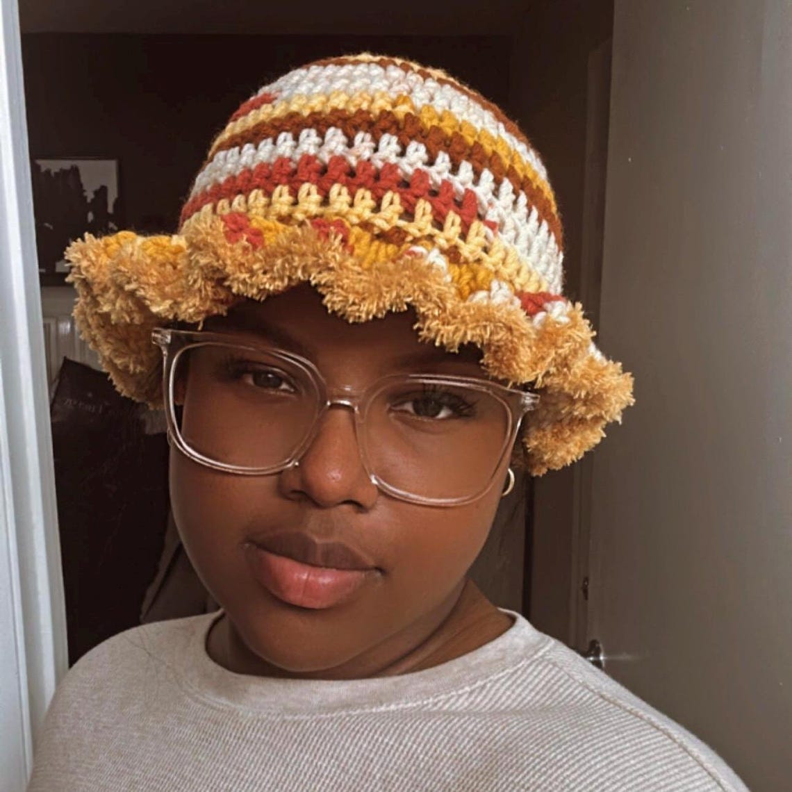 Crochet Ruffle Hat With Fur Brim|crochet Ruffled Hat| Ruffle Hat| Brown ...