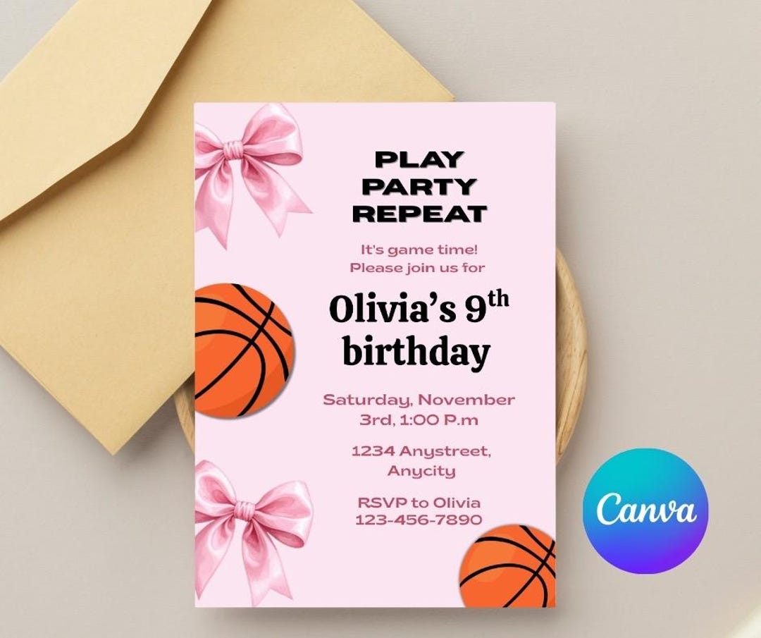 Girls Basketball Birthday Invitation, Pink Sports Party (digital ...
