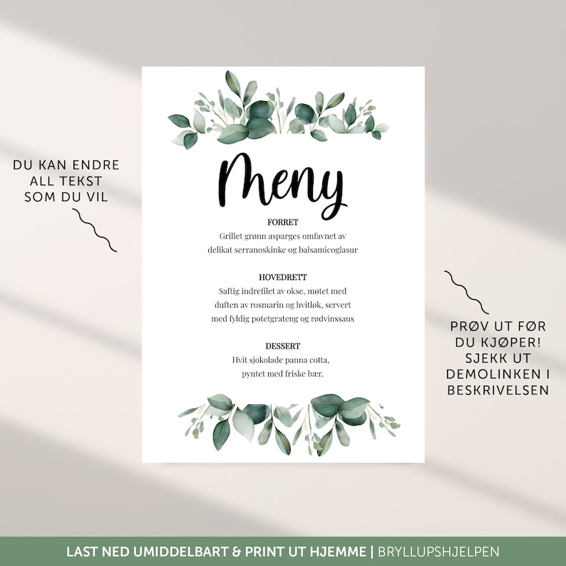 Bryllupsmeny 'EUKALYPTUS' | Treretters Meny | Matprogram | Mal ...