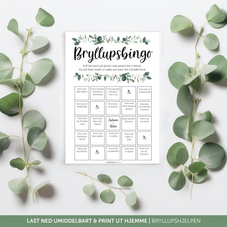 Bryllupsbingo 'EUKALYPTUS' | Selskapslek | Bryllupsleker | Mal ...