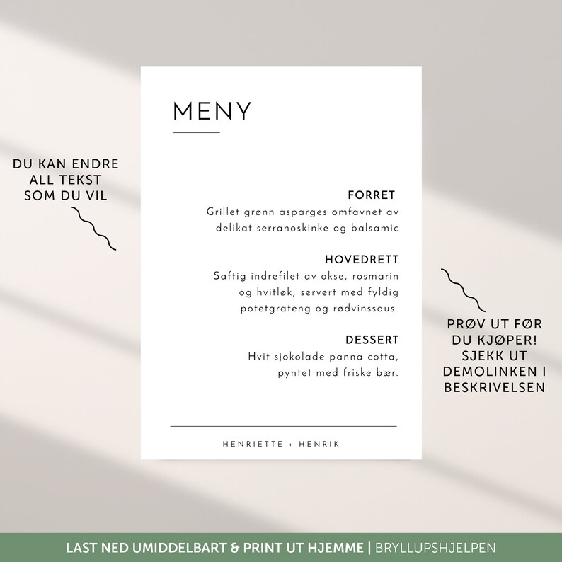 Bryllupsmeny 'MINIMALISTISK' | Treretters Meny | Matprogram | Mal ...