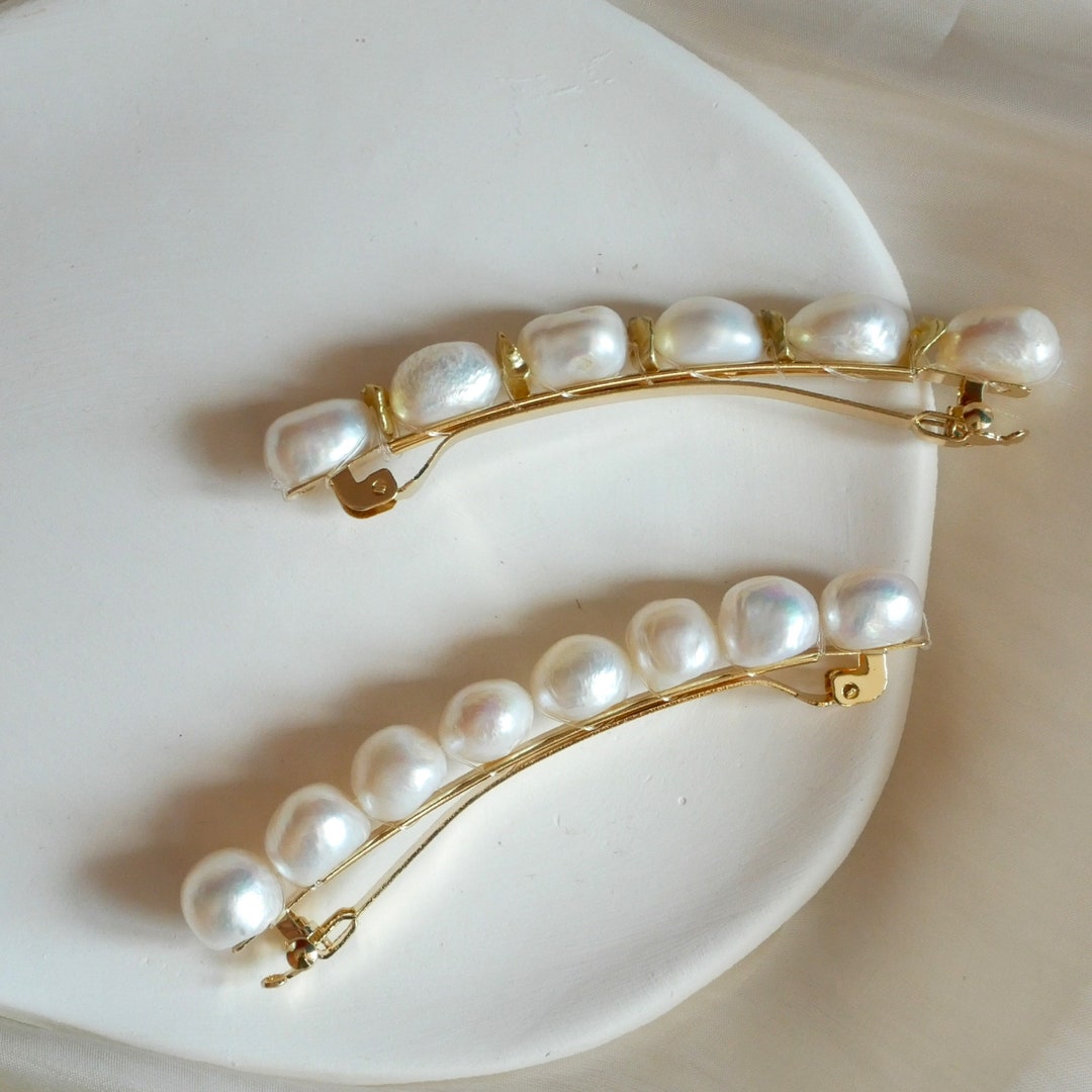 Real Baroque Freshwater Pearls Hair Barrettes, 18K Gold Plated Natural ...