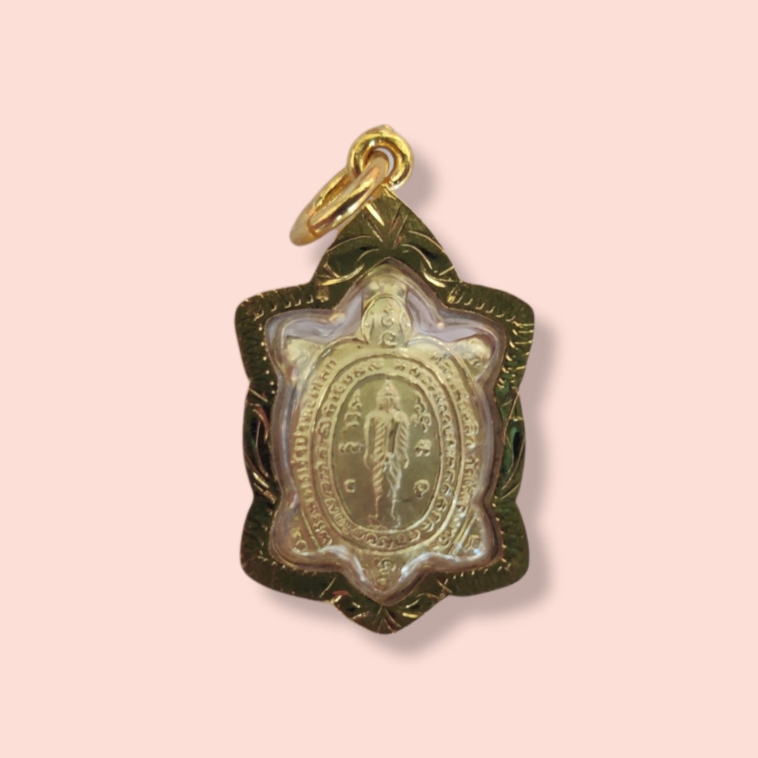 Gold Shaped Turtle Amulet Thai Buddhist Pendant LP Liew Monk Necklace ...