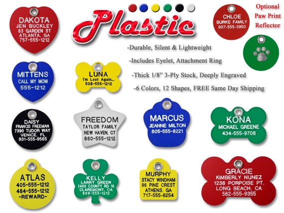 Pet ID Tags-custom Engraved Plastic Dog/cat Durable | Etsy