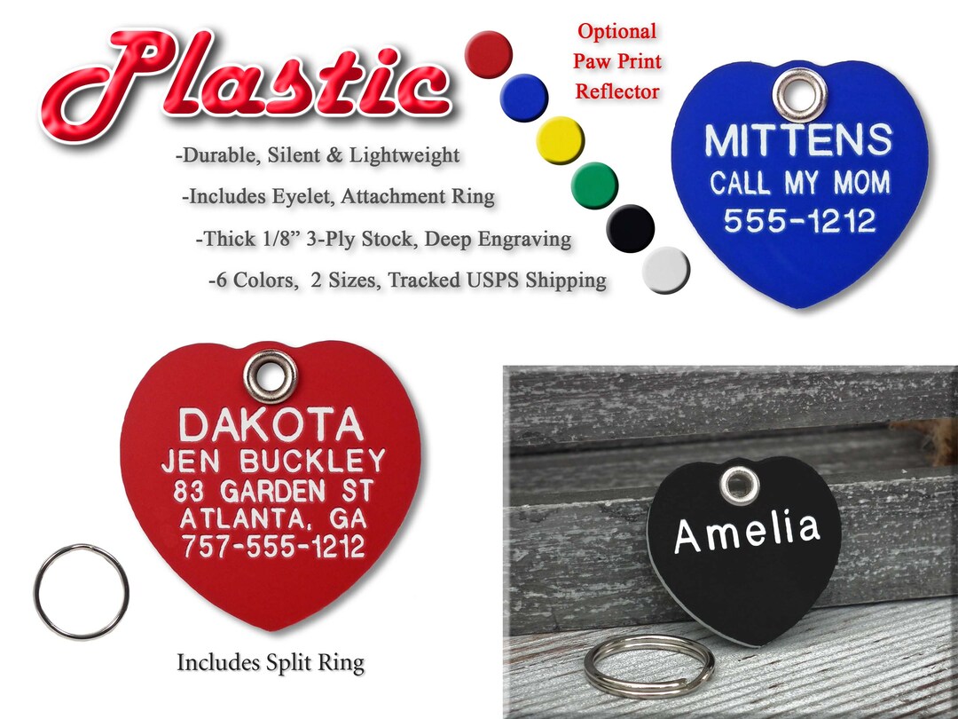Heart Shape Plastic Pet ID Tags Custom Engraved Dog/cat Durable ...
