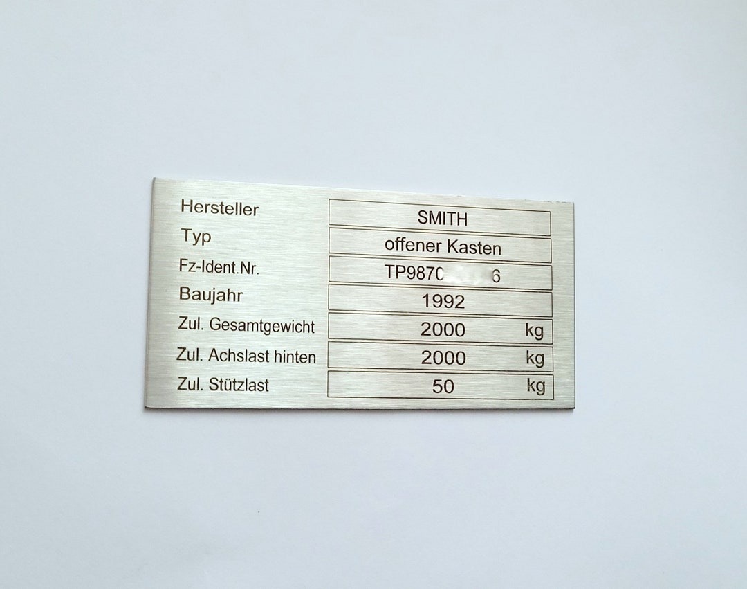 Plaque signalétique de remorque en acier inoxydable avec vos données 100 x 50 mm voitures ...
