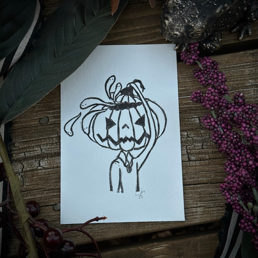 Pumpkin Head Hand Carved Linocut Art Print 4 X 6 - Etsy