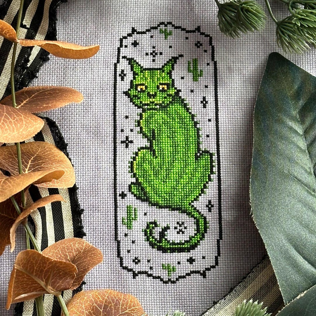 Cryptid Culture Cactus Cat Cross Stitch, Green Cat Cryptid Cross Stitch ...