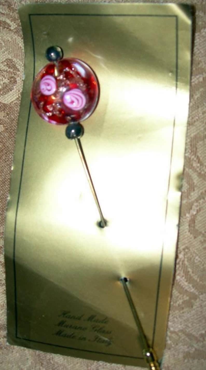 Vintage Murano Glass Hat Pin on Original Card: Red & Pink - 4 3/4" Long ...