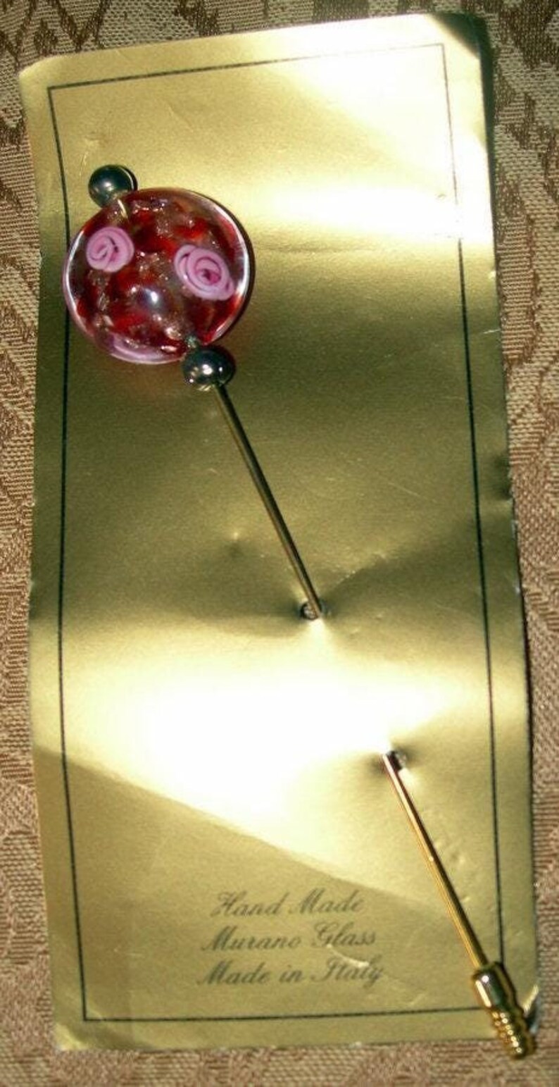 Vintage Murano Glass Hat Pin on Original Card: Red & Pink - 4 3/4