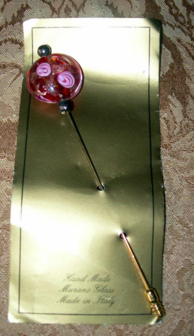 Vintage Murano Glass Hat Pin on Original Card: Red & Pink - 4 3/4" Long ...