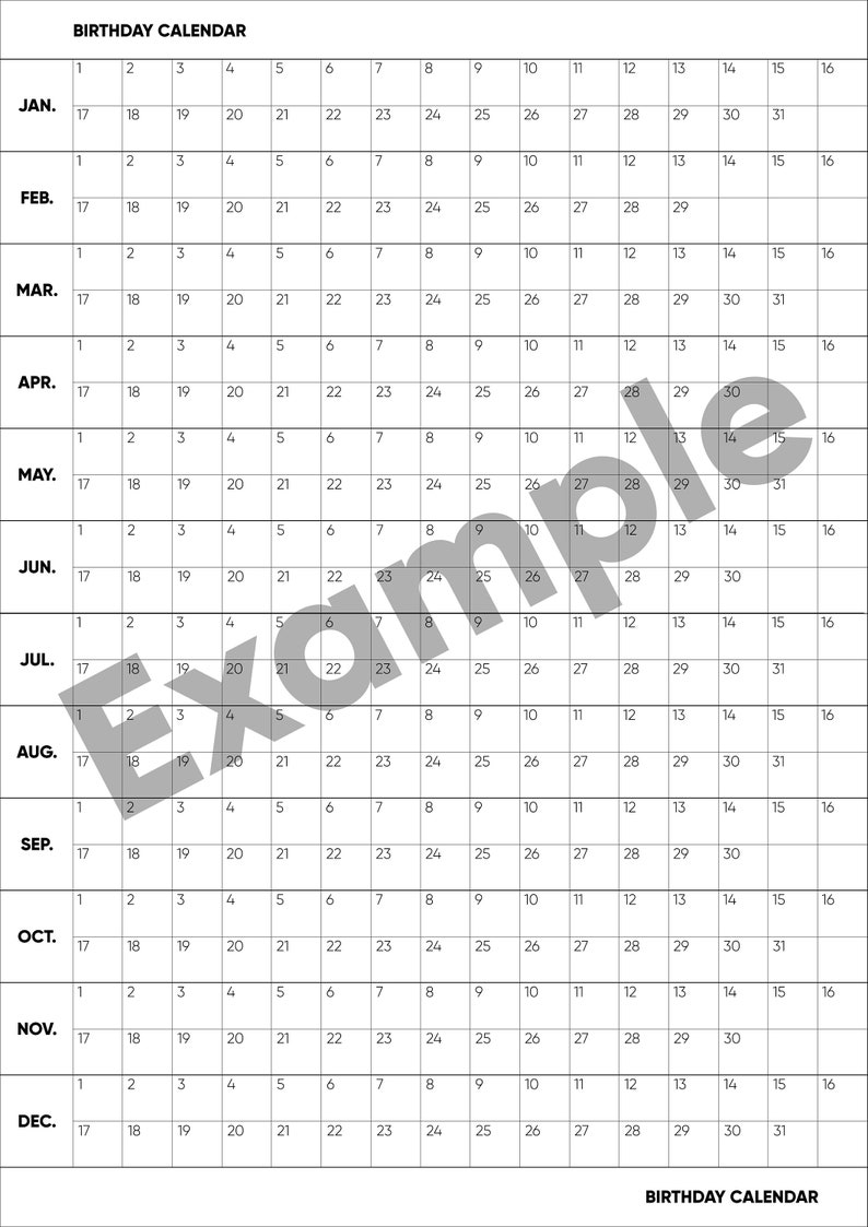 Birthday Calendar Printable - Birthday Calendar to Print - A4 and A3 ...