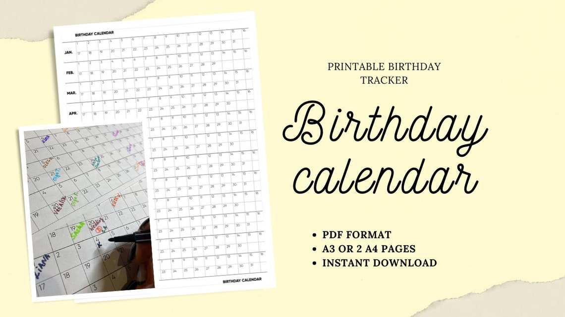 Birthday Calendar Printable - Birthday Calendar to Print - A4 and A3 ...