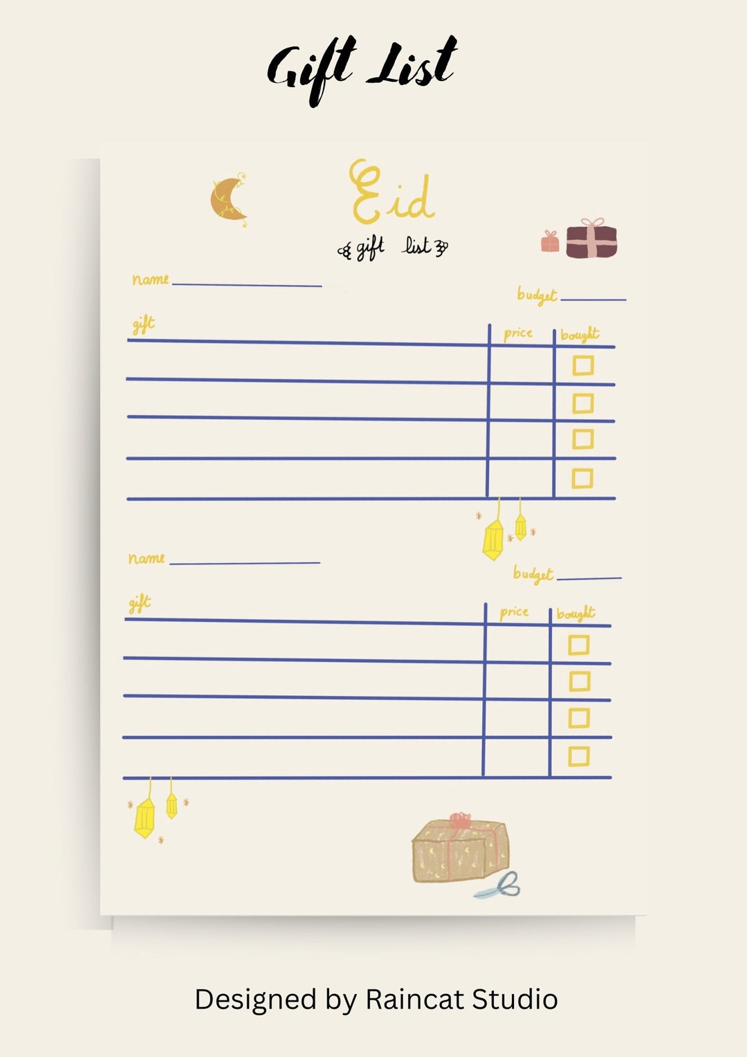 Eid Gift List Printable and Fillable, Eid Adha, Eid Alfitr, Ramadan ...