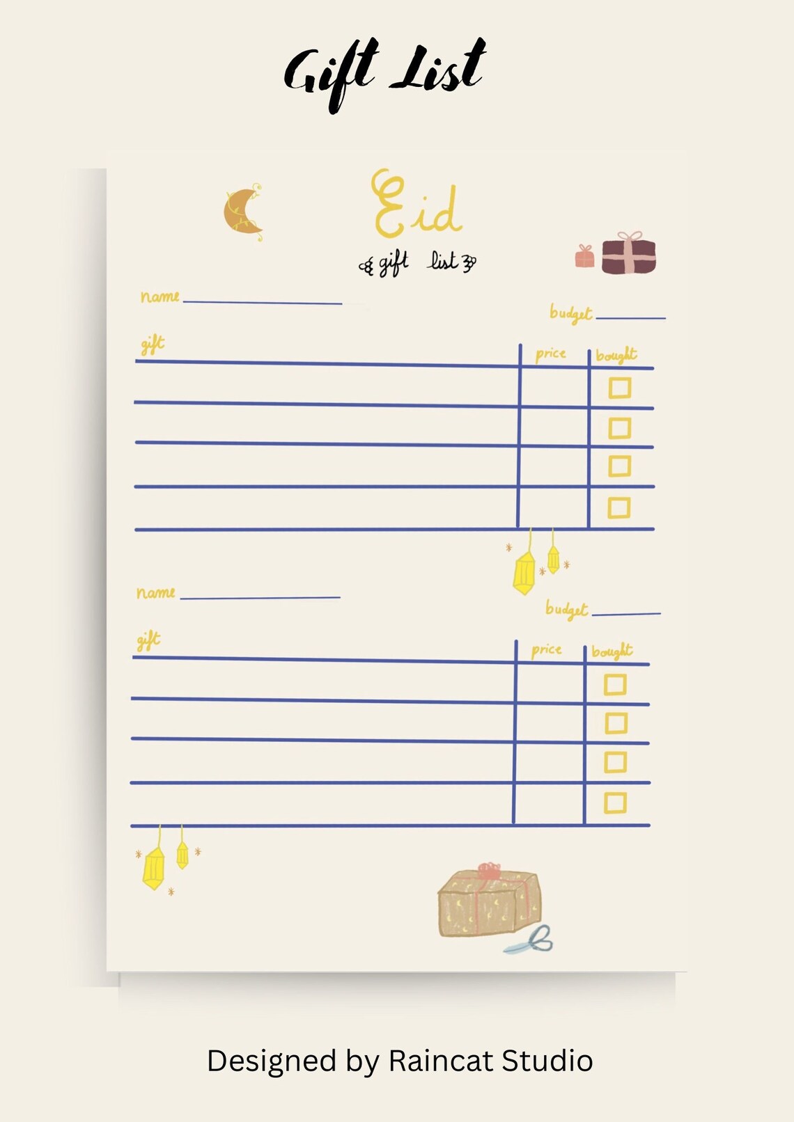 Eid Gift List Printable and Fillable, Eid Adha, Eid Alfitr, Ramadan ...