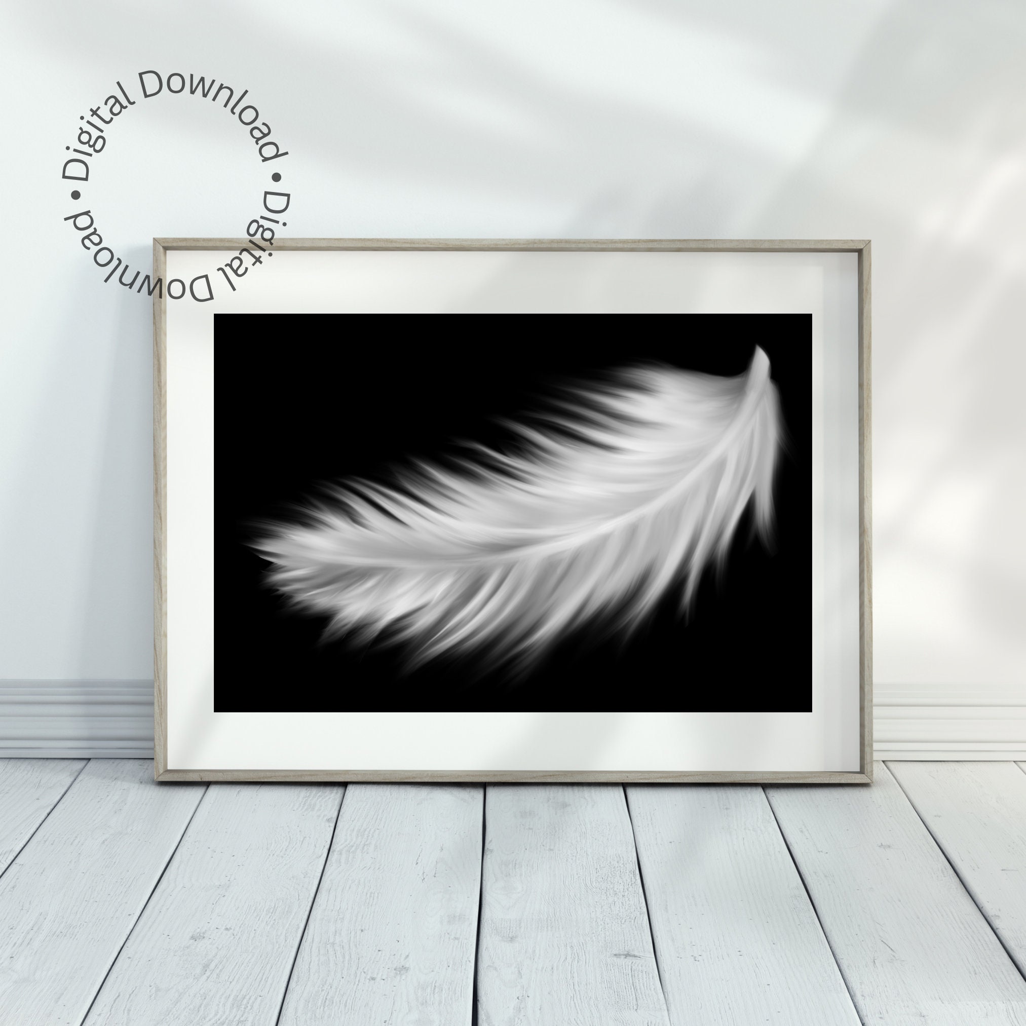Feather Printable Wall Art - White Feather on Black Digital Painting ...