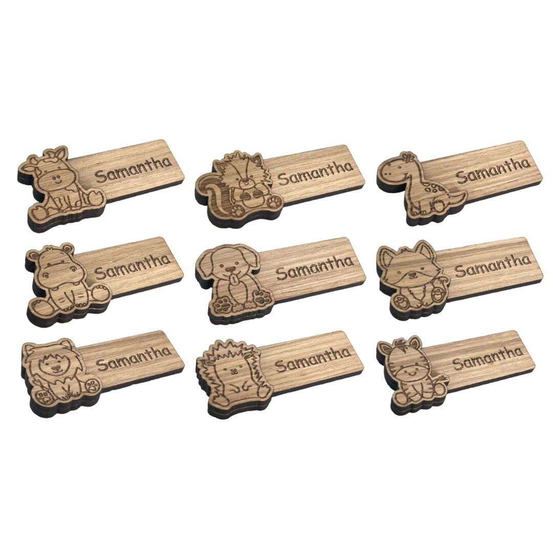 Animal Name Badges 3D Effect Shaped Wooden Oak Personalised Playworker ...