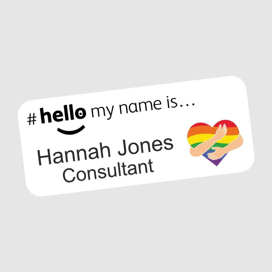 Personalised Hello My Name is Hugging Rainbow Heart LGBT Name Badge Tag ...