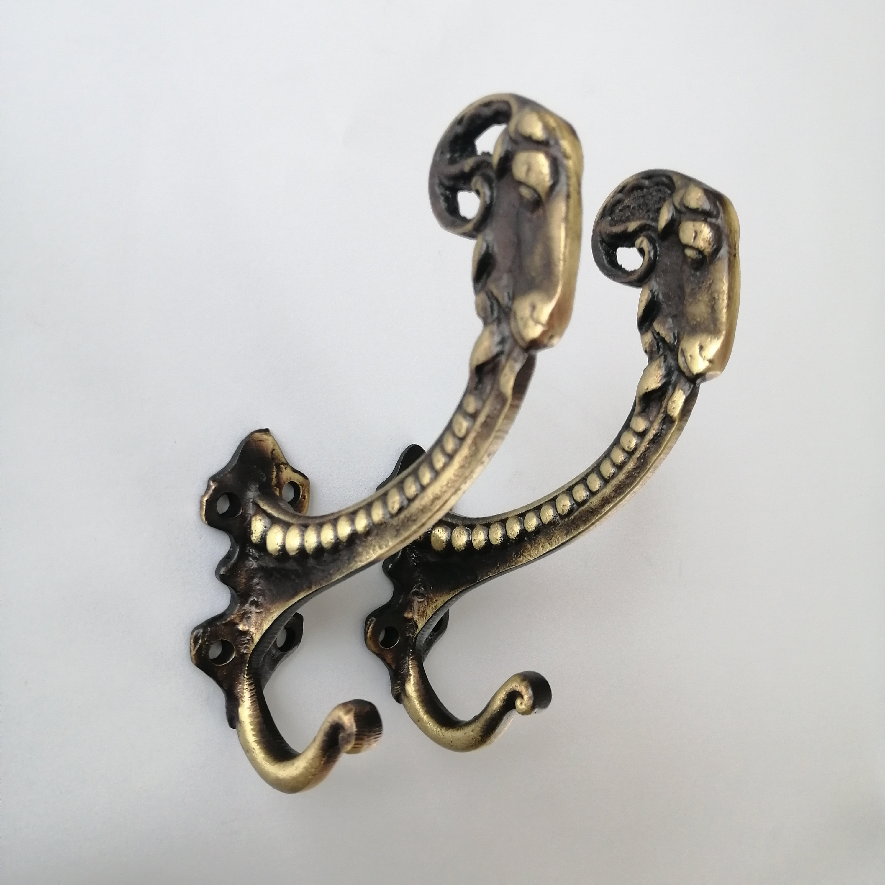 Ram Head Brass Hanger, Wall Mounted Double Hook Brass Hanger, Antique ...