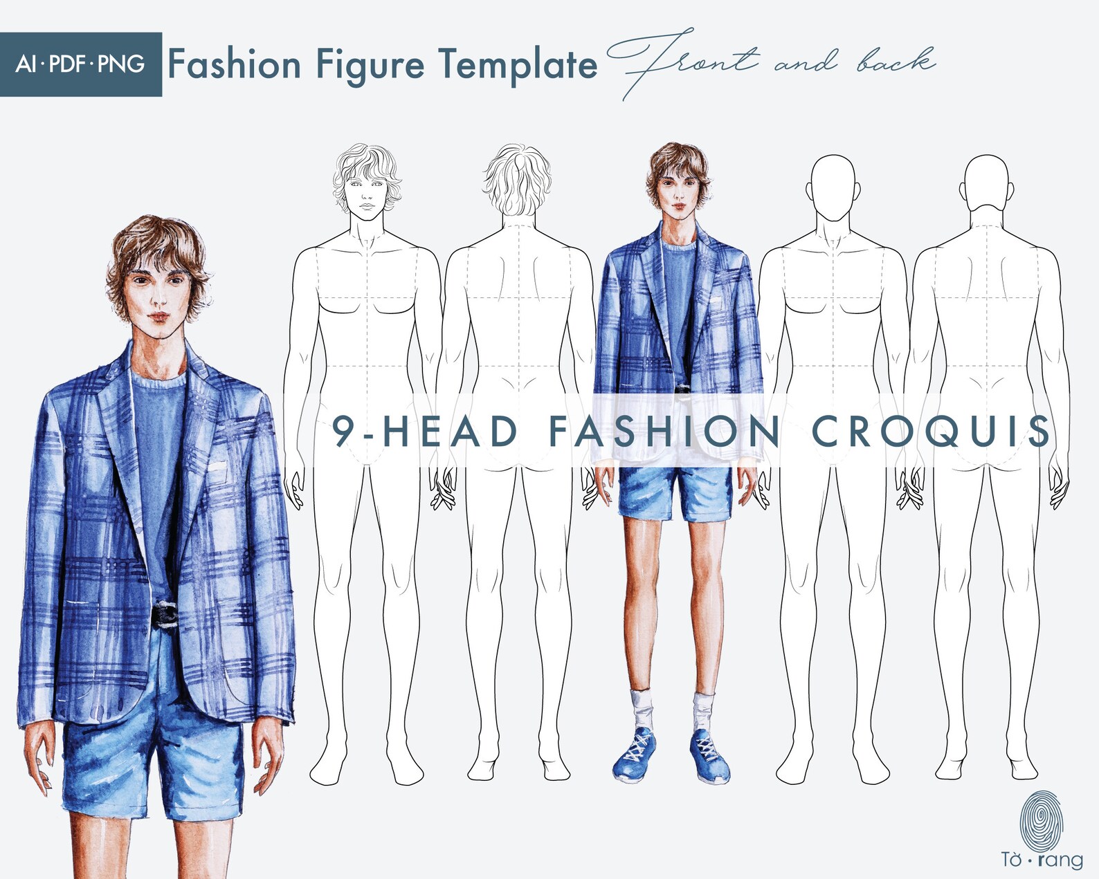 Male Fashion Figure Templates, 9-head Fashion Croquis, Front and Back ...