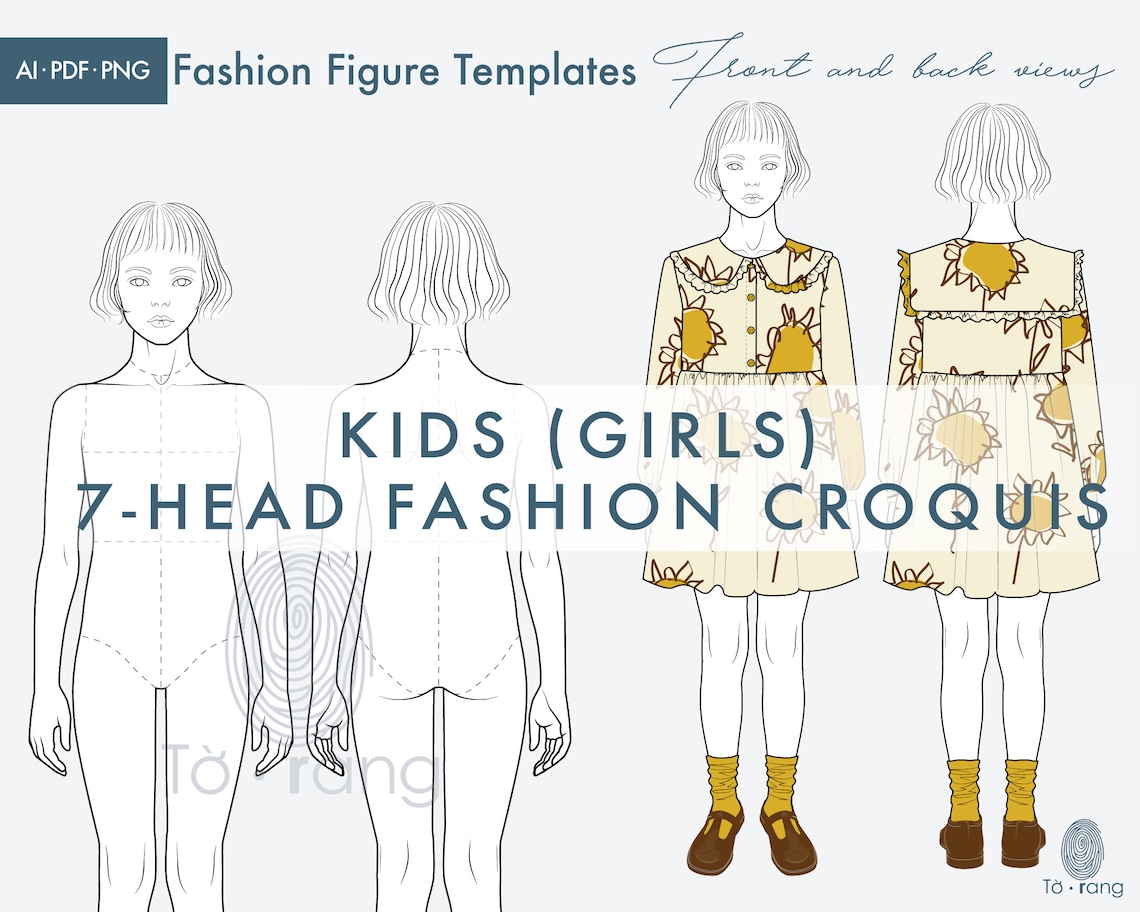 Kids girls Fashion Figure Templates, Children's Croquis, 7-head Fashion ...