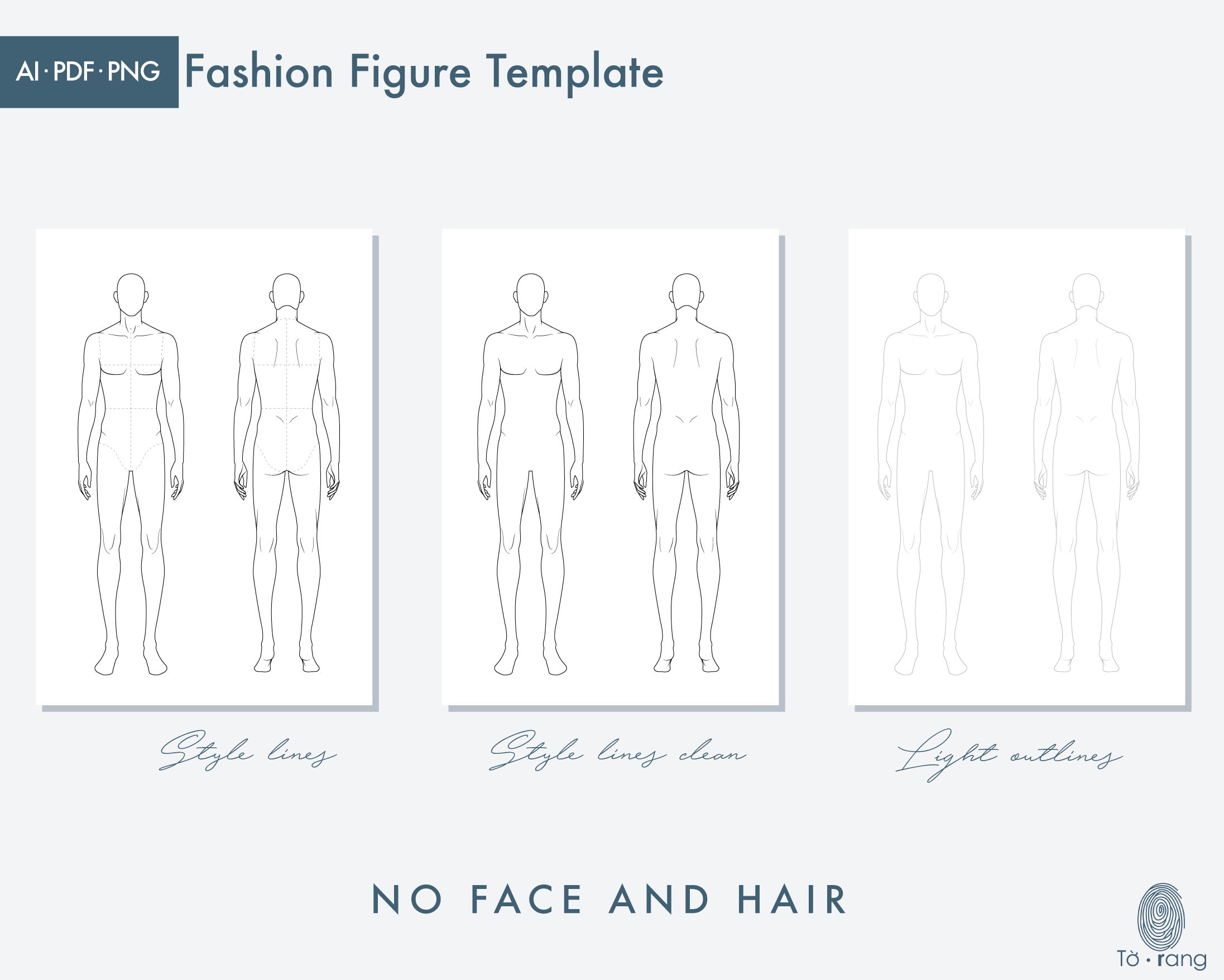 Male Fashion Figure Templates, 9-head Fashion Croquis, Front and Back ...
