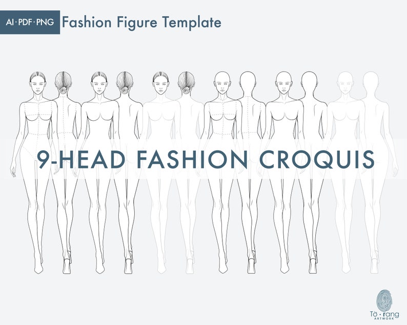 Female Fashion Croquis Templates, Front and Back, 9-head Fashion Figure ...