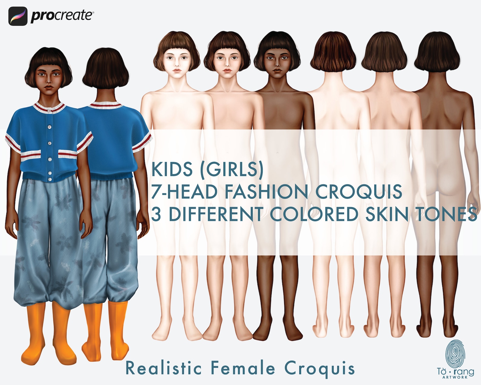 Kids (girls) Fashion Figure Templates, 3 Different Colored Skin Tones ...