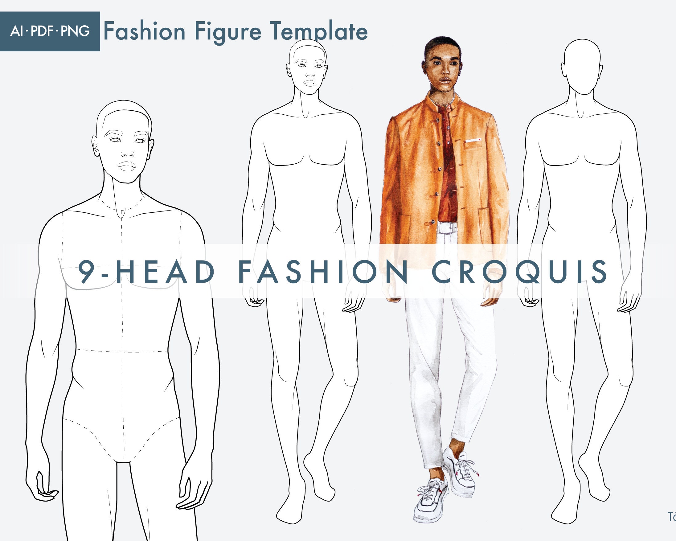 Male Fashion Figure Template 9 head Fashion Croquis Catwalk 