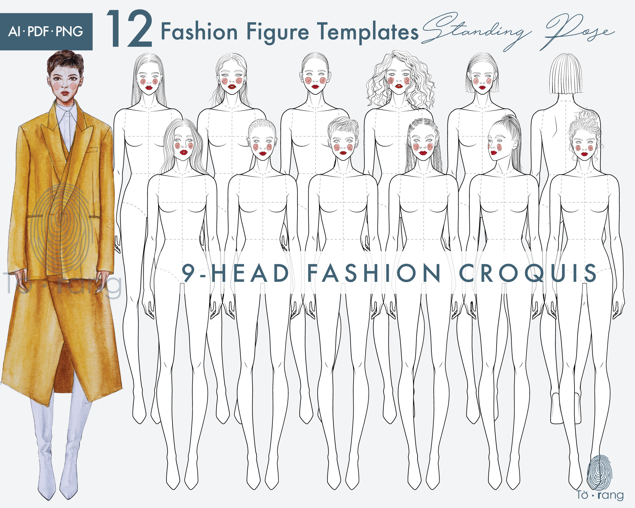 Female Standing Pose Croquis Bundle, 9-head Fashion Figure, Female ...