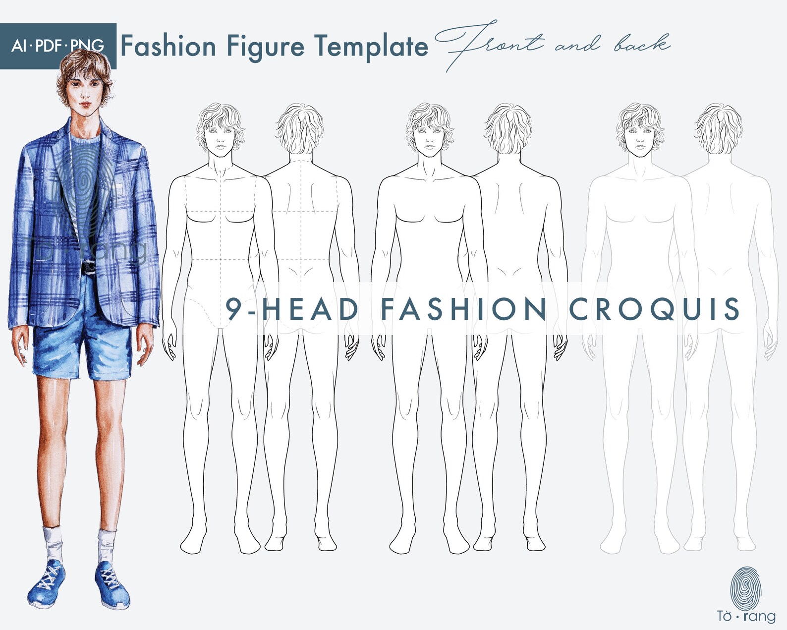 Male Fashion Figure Templates, 9-head Fashion Croquis, Front and Back ...