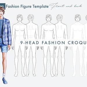 Male Fashion Figure Templates, 9-head Fashion Croquis, Front and Back ...