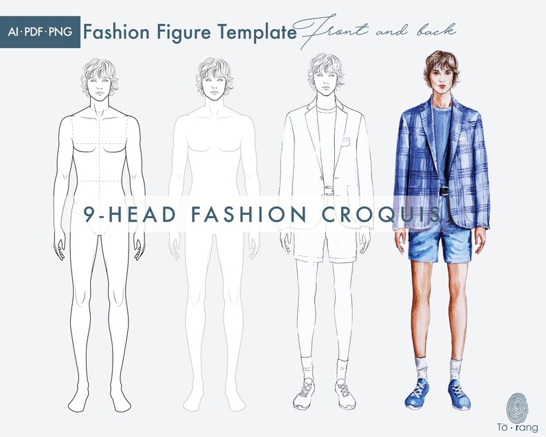 Male Fashion Figure Templates, 9-head Fashion Croquis, Front and Back ...