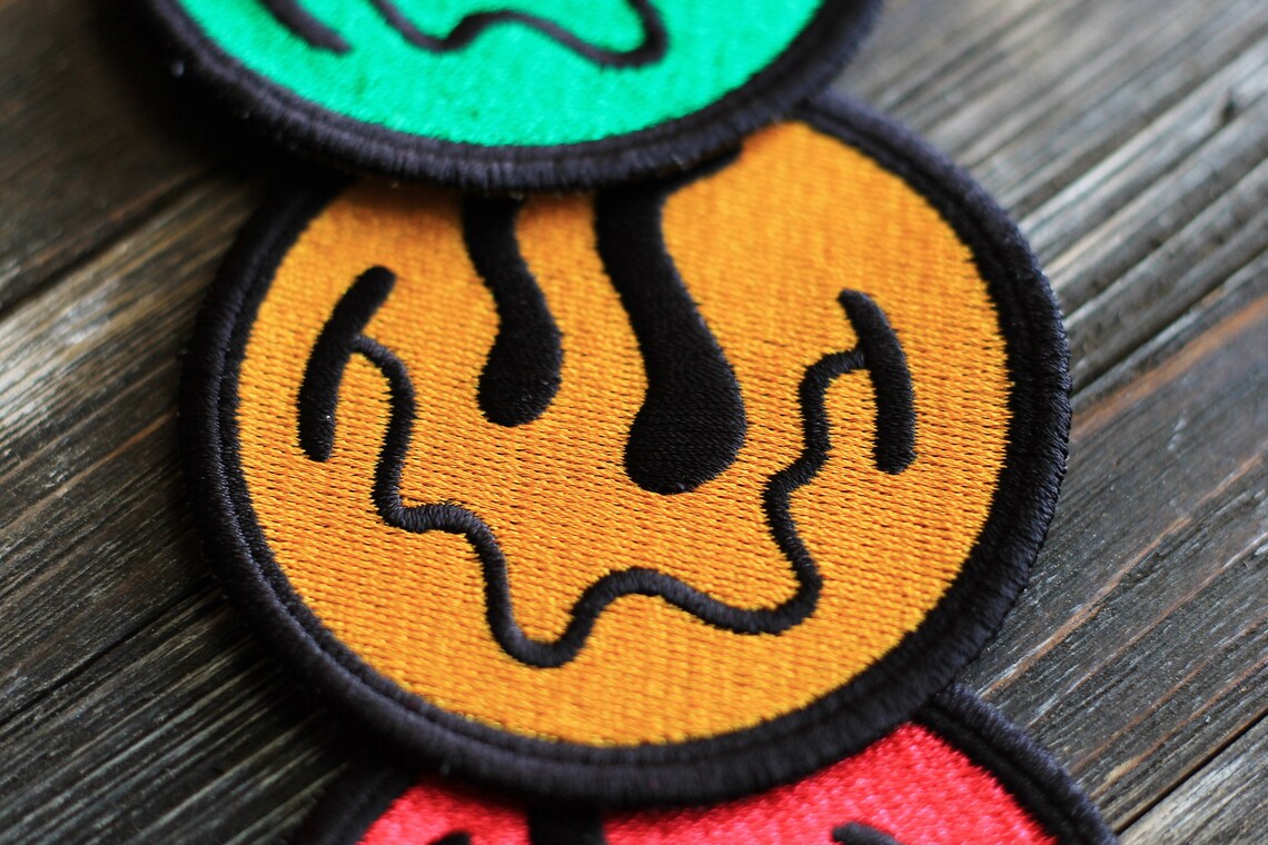 Embroidered Patch Trippy Smiley Face Iron Patches Emoji Trippy Yellow ...