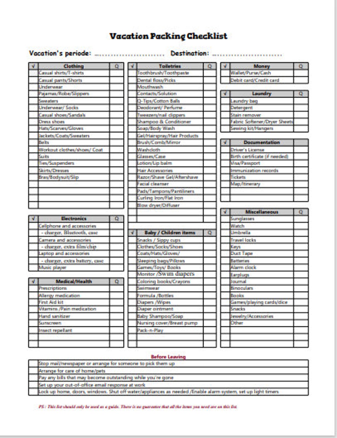 Vacation Packing Checklist TEMPLATE | File Available for Openoffice and ...