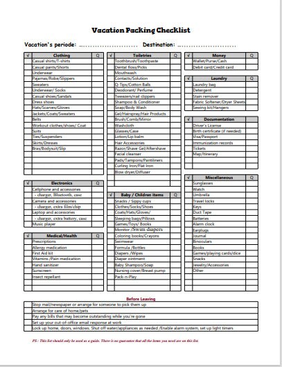 Vacation Packing Checklist TEMPLATE | File Available for Openoffice and ...