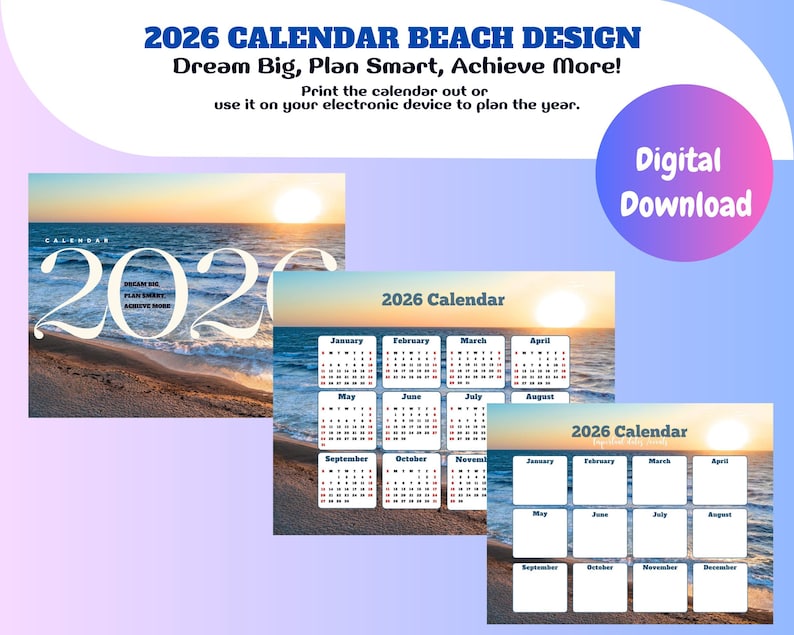 2026 Calendar ~ Beach Design. 2026 Planner ~ US Letter ~ Week Starts ...