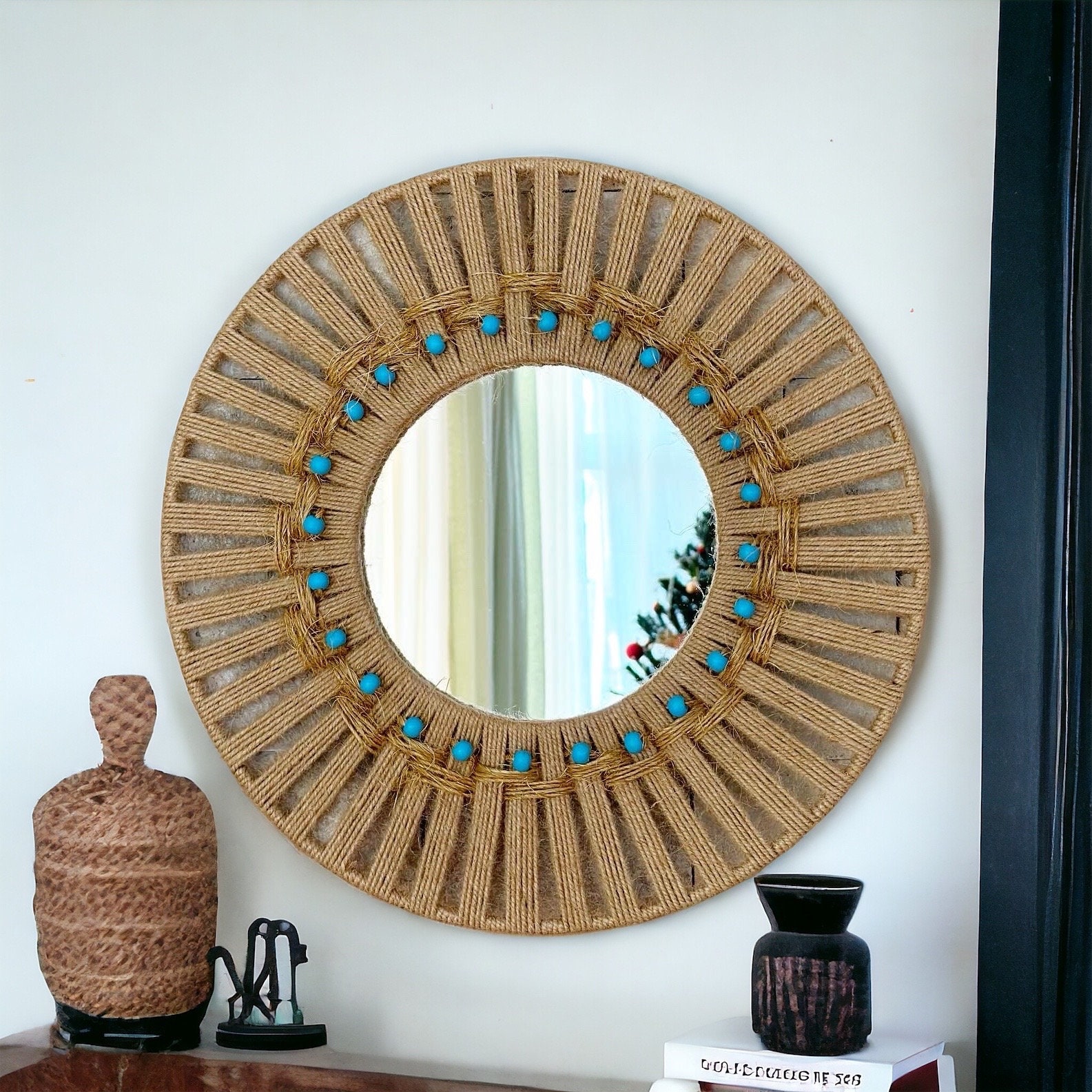 Large Jute Mirror, Jute Wall Hanging, Bedroom Decor Gift, Boho Mirror ...