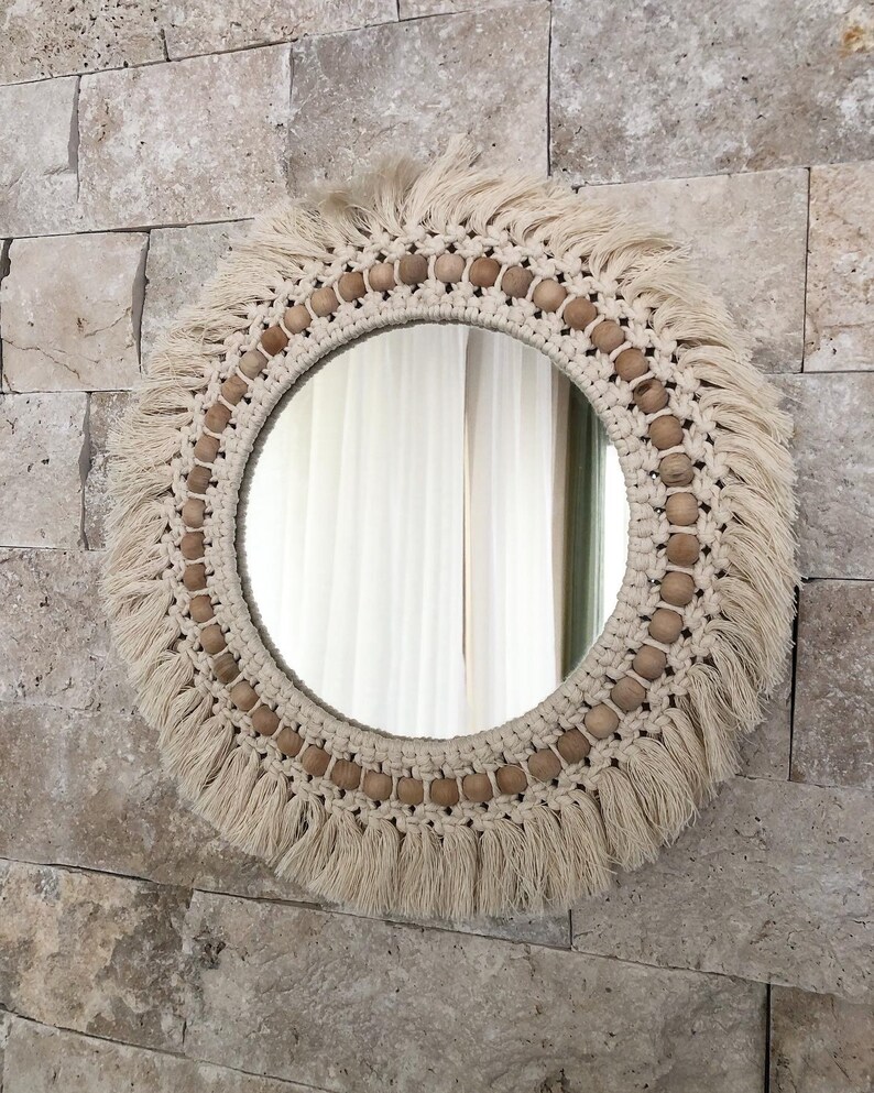 Large Macrame Mirror, Boho Wall Art, Beads With Macrame Mirror, Macrame ...