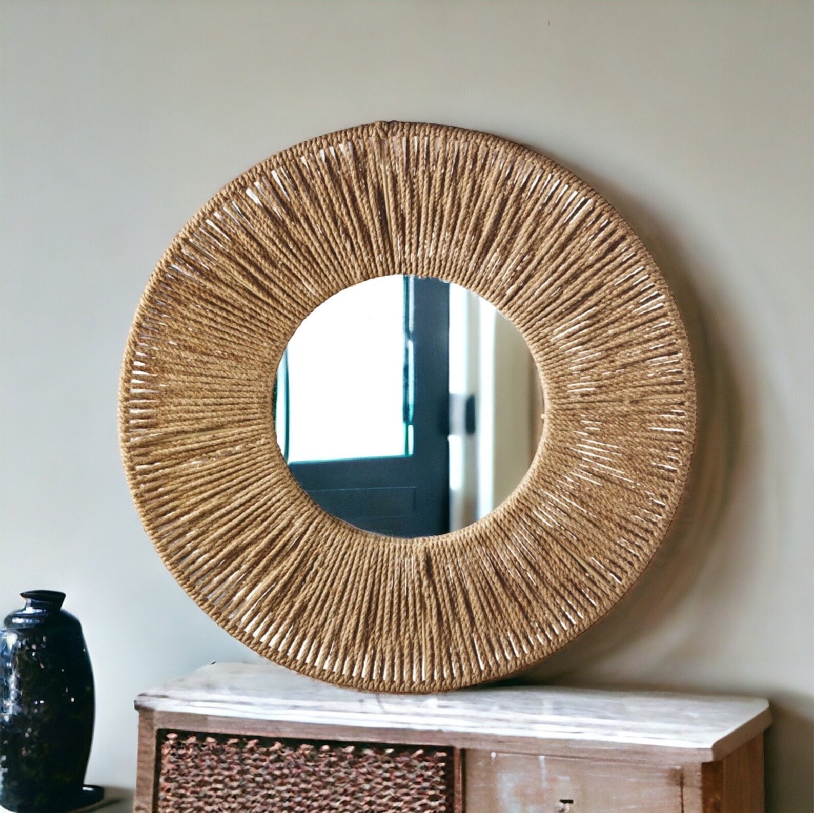 Large Jute Mirror, Jute Wall Hanging Mirror, Large Mirror, Bedroom ...