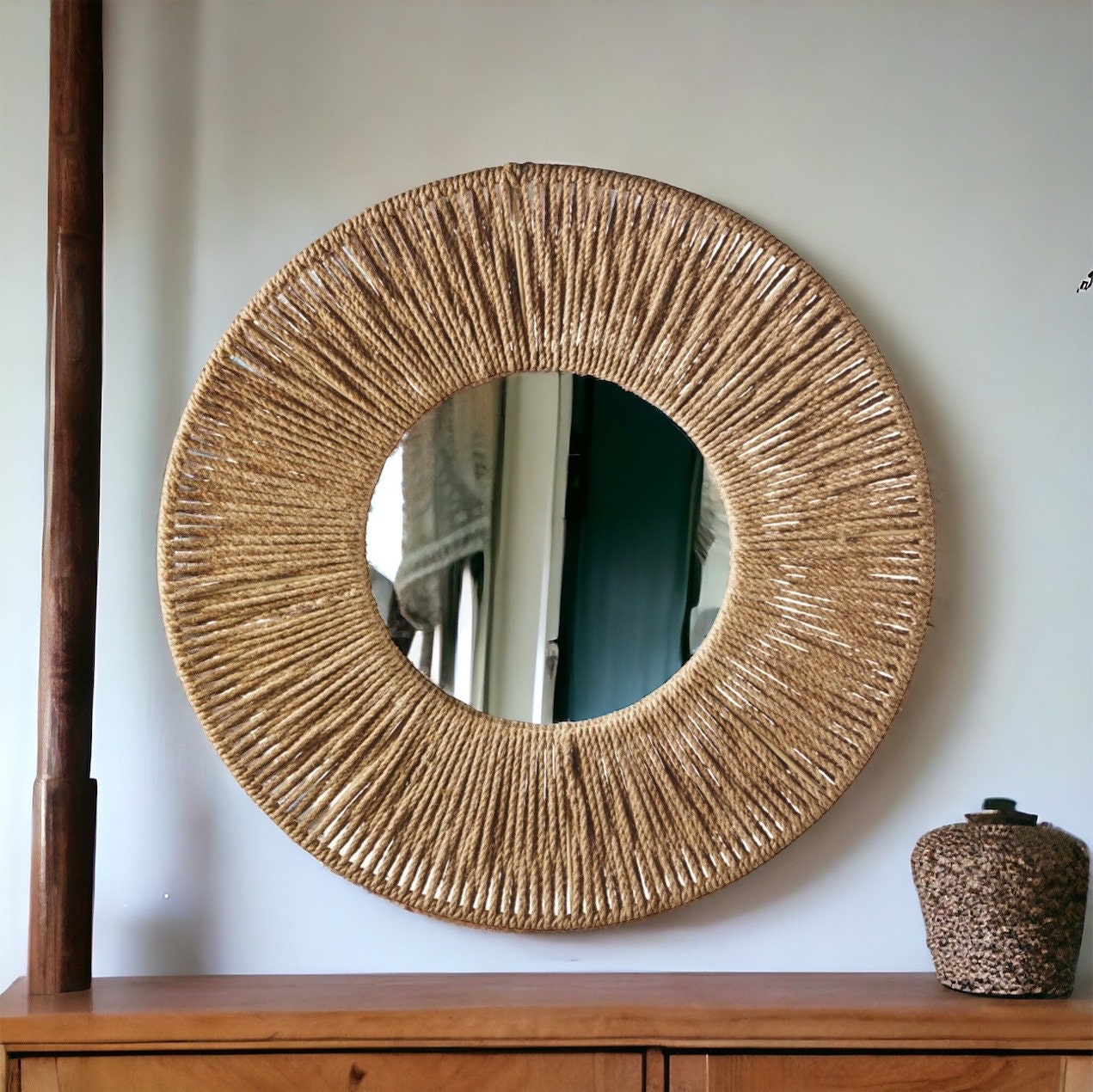 Large Jute Mirror, Jute Wall Hanging Mirror, Large Mirror, Bedroom ...