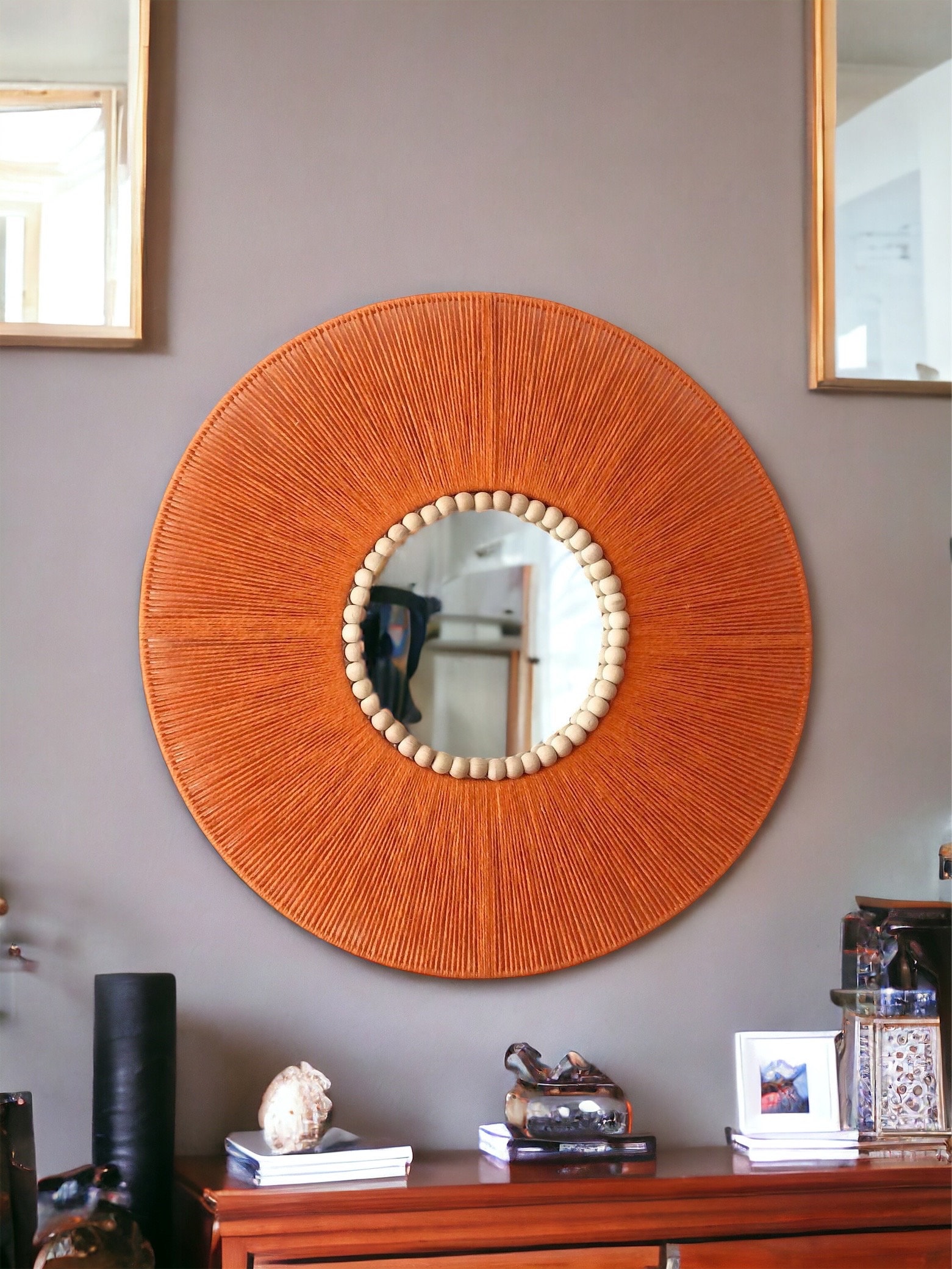 Orange Retro Mirror, Mid Century Modern, Jute Wall Hanging Mirror ...
