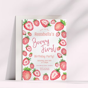 Berry First Birthday Invitation Template: Strawberry Theme (digital ...
