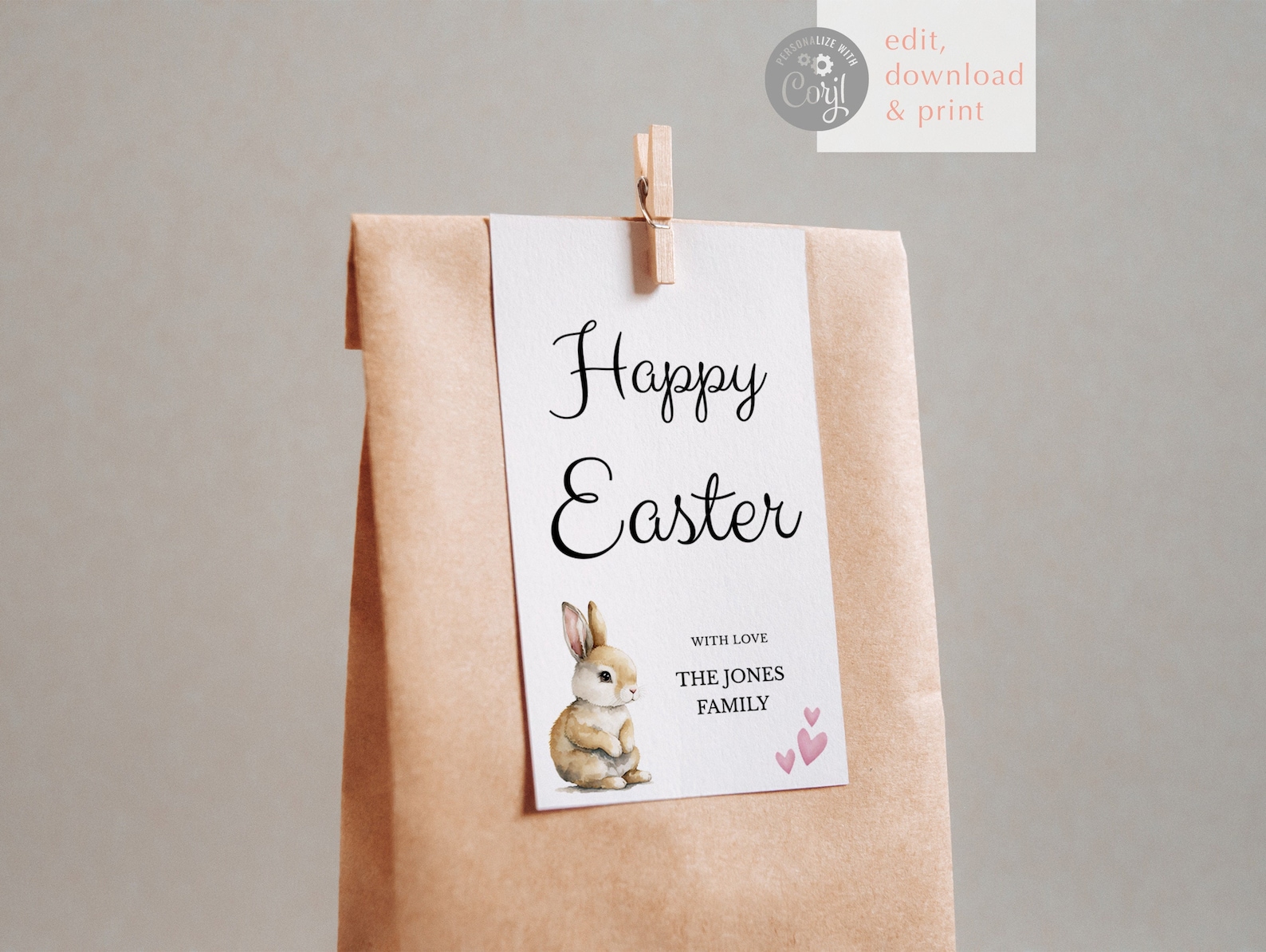 Editable Easter Gift Tag, Template for Personalized Easter Bunny and Hearts Labels, Easter Gift ...