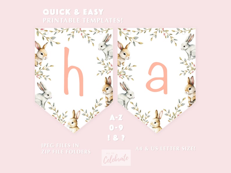 Cute Rabbit Bunting Printable, Bunny Floral Flags Decor, Bunny Party ...